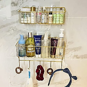 KingFurt Shower Caddy Gold,2Pcs Adhesive Bathroom Shower Organizer Shelves,Kitchen Storage Rack with Hooks,No Drilling Wall Mounted or Drill Stainless Steel Rustproof Shower Shelf for Inside Shower