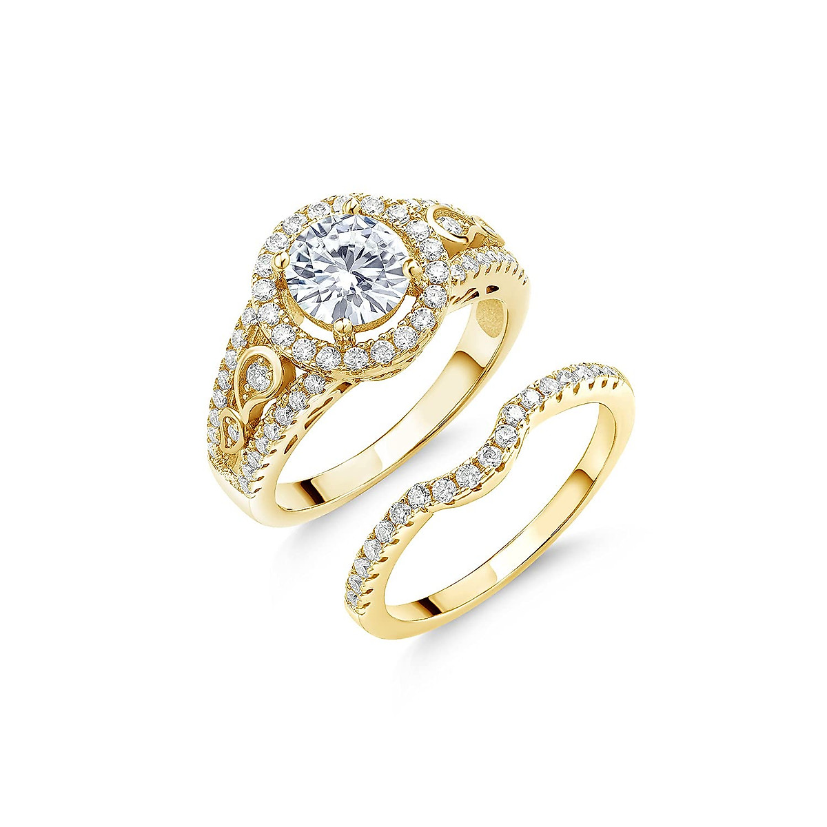 Gem Stone King 18K Yellow Gold Plated Silver Moissanite Women Wedding Engagement Ring Band Bridal Set (1.74 Cttw, Center 6.5MM, Available In Size 5, 6, 7, 8, 9)