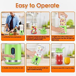 neza Portable Blender, Personal Blender Smoothies and Shakes, Mini Blender with 6 Blades, 15.2 Oz Multifunctional and BPA Free, USB Rchargeable Portable Juicer, With Travel/Gym/Office, Green