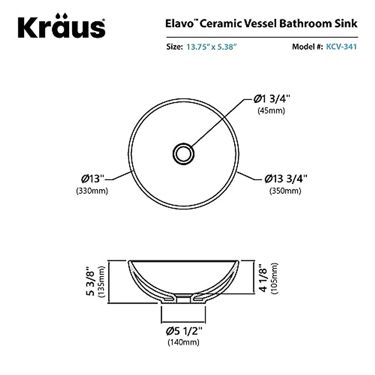 Kraus KCV-341-BN Modern Elavo Ceramic Small Round Vessel Bathroom Sink with Pop Up Drain, Brushed Nickel/White