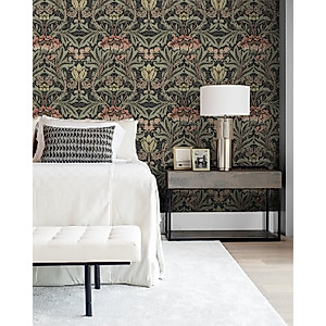 NextWall Acanthus Floral Peel and Stick Wallpaper (Charcoal & Rosewood)