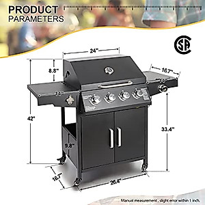 Propane Gas Grill 4 Burners with Side Burner Freestanding Grill Cart with Wheels for Outdoor Garden Cooking Barbecue Grill, Black