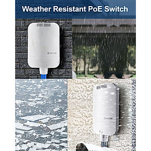 Octide Outdoor Weatherproof PoE Switch, with 4×Gigabit Poe Ports+1×Gigabit Uplink Port+1SFP Slot, All-in-One Box, IEEE802.3af/at, AI Watchdog, Plug&Play, Fan-Less Unmanaged.