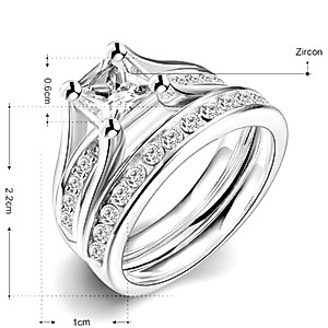 Stainless Steel Princess Cut Wedding Engagement Anniversary Statement Bridal Halo Ring Set (Silver, 8.5)