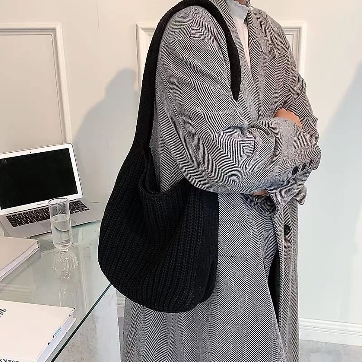 Fairy Grunge Knitted Shoulder Bags Y2K Fairycore Tote Bag Aesthetic Hobo Bag Indie Crossbody Bag Alt Purse Accessories (Coffee)