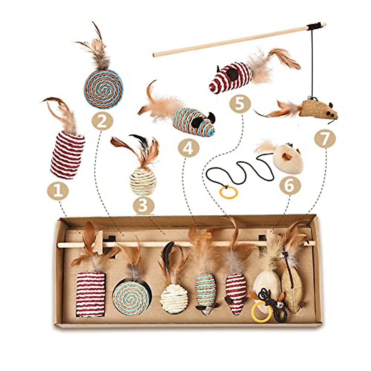 7 Pack Ferret Toys - Interactive Ferret Toys Assortments Feather Teaser Wand with Sisal Mice Balls and Bells Toys for Ferret Cat Kitten Puppy (7 Pack)