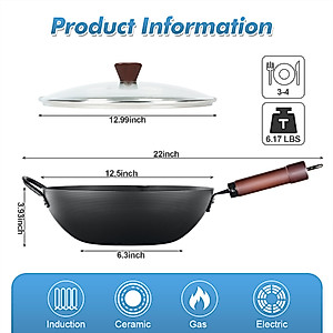BIELMEIER Wok Pan with Lid， Versatile and Durable Carbon Steel Wok - Natural Non-Stick Woks and Stir Fry Pans, Flat Bottom Wok Suitable for All Cooktops - Perfect for Asian Cuisine