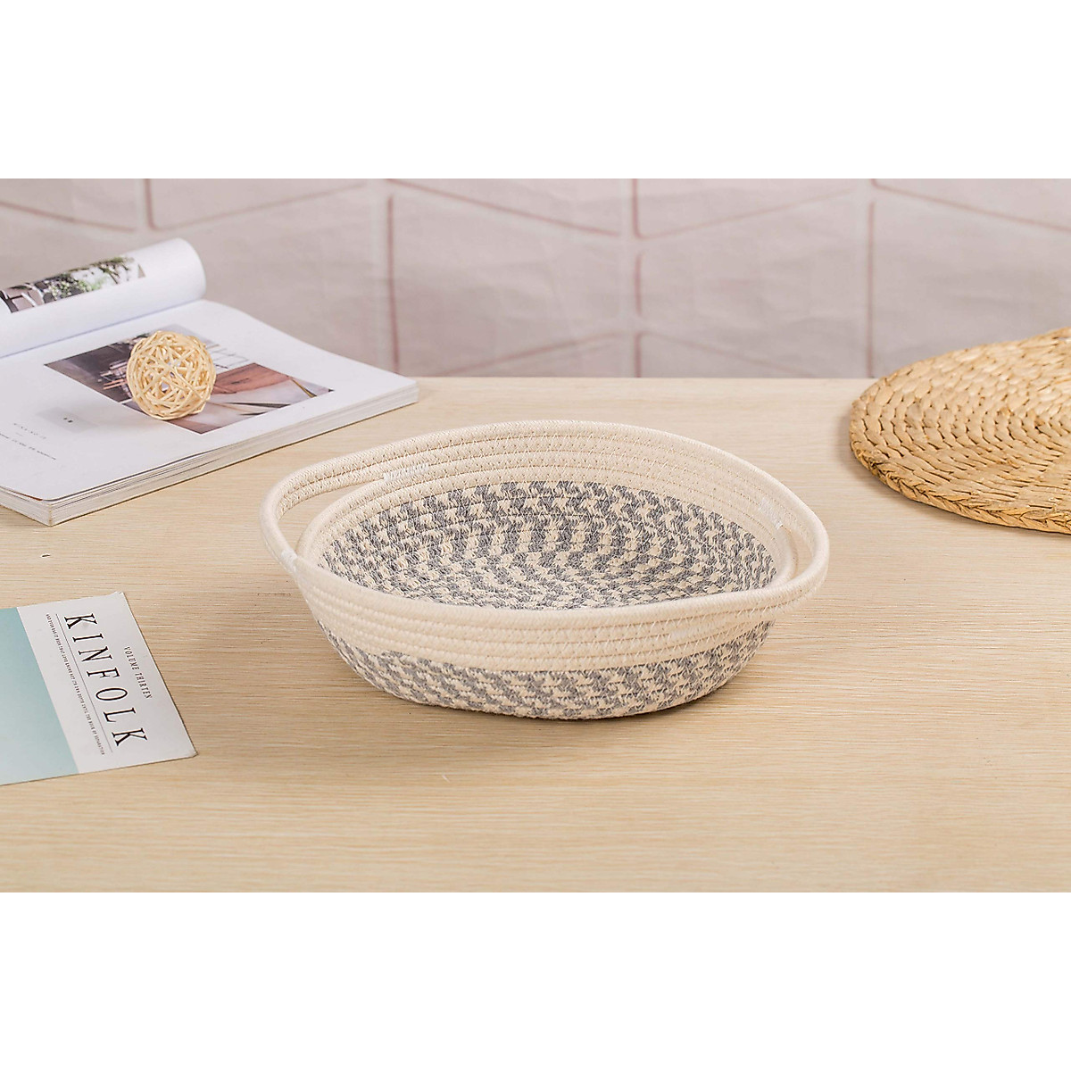 2 pack Small Storage Baskets, Desk Basket for Jewellery&Keys, Cute Rope Baskets, Small Basket Home Storage, Small Table Basket, Organizers and Storage, Small Woven Basket,(Camel & White - Hemp Rope)