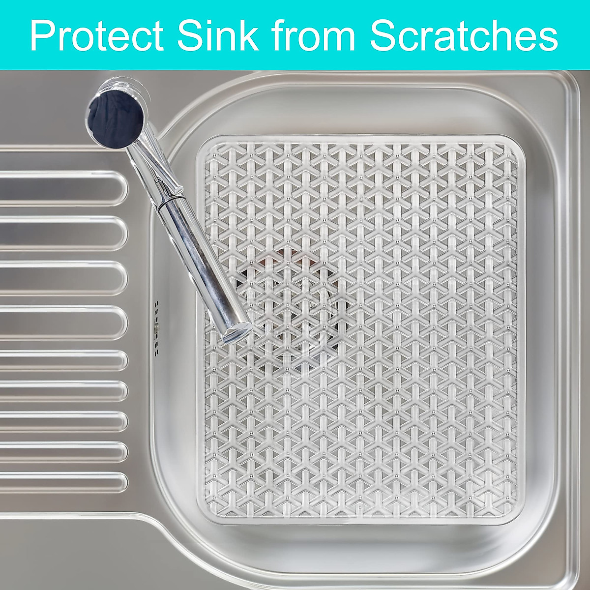 Coopay 2 Pack Kitchen Sink Mat PVC Eco-friendly Kitchen Stainless steel/Porcelain Dish Drying Pad Sink Protector for Bottom of Kitchen Sink, Triangular Hole Design, 12.6 x 10.5 Inches (Clear)