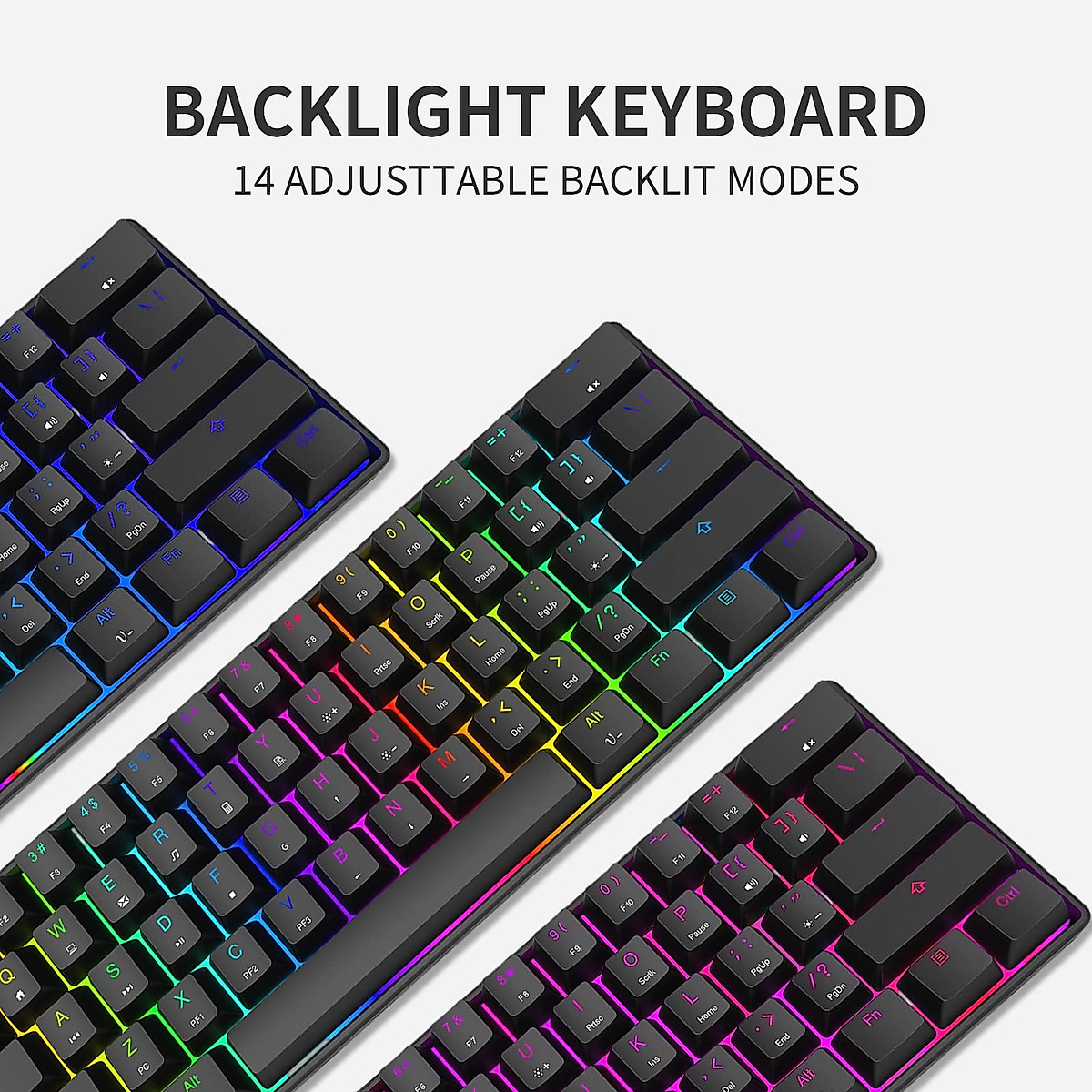 60% Mechanical Gaming Keyboard Wired 60 Percent Keyboard with LED RGB Rainbow Backlit Blue Switch for Windows PC Gaming (61 Keys, Black)