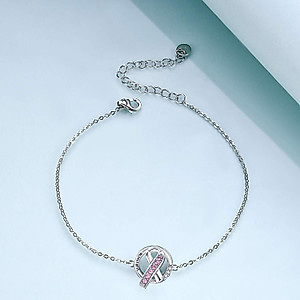 AOBOCO Breast Cancer Gifts for Women, Sterling Silver Cancer Awareness Bracelet, Pink Ribbon Jewelry with Austrian Crystal