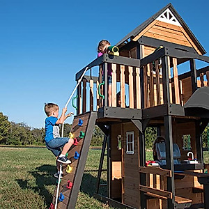 Backyard Discovery Canyon Creek All Cedar Wood Swing Set w/Grey Wave Slide, Playhouse w/Grill, Plastic Food, Picnic Area, Steering Wheel, Two Belt Swings, Rock Climbing Wall, Balcony, Deck, Web Swing
