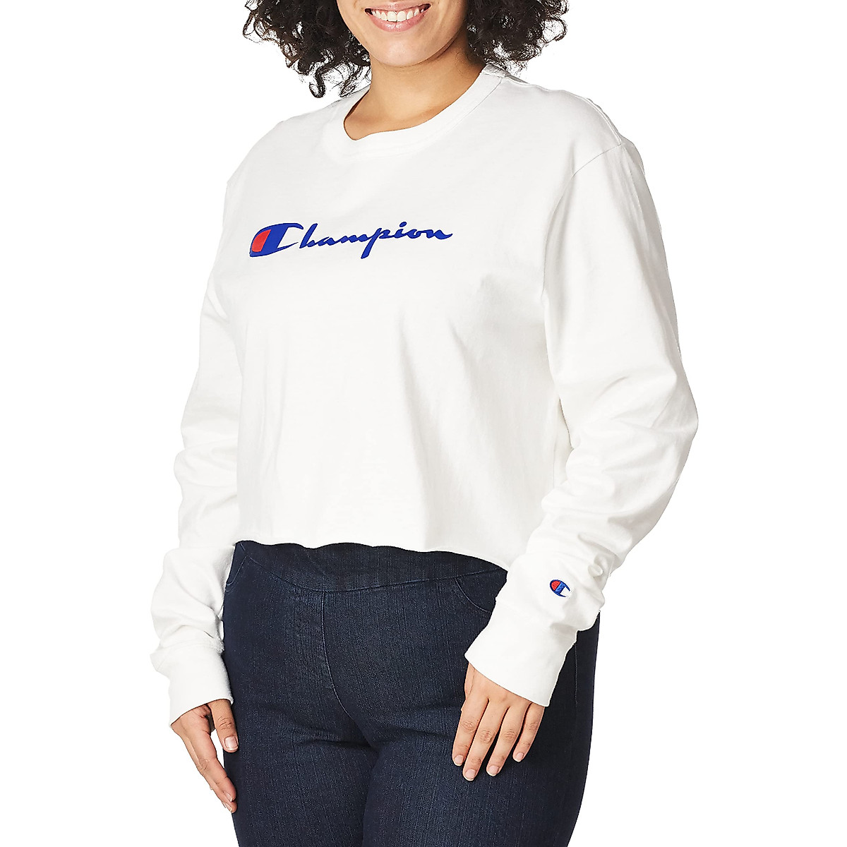 Champion Women's Boyfriend Long Sleeve Cropped Tee, GFS SILVER GREY, SMALL