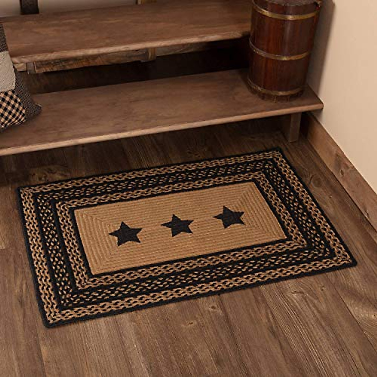 VHC Brands Farmhouse Jute Rectangular Rug with Stencil Stars 24x36 Country Braided Flooring, Country Black and Tan