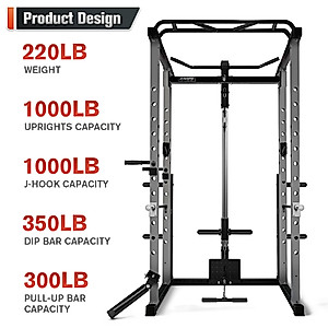 RitFit Power Cage with LAT Pull Down and 360° Landmine, 1000LB Capacity Power Rack Full Home Gym for Weightlifting, Come with J-Cups,Dip Bars and Other Attachments (2023 Version PPC02)-Grey