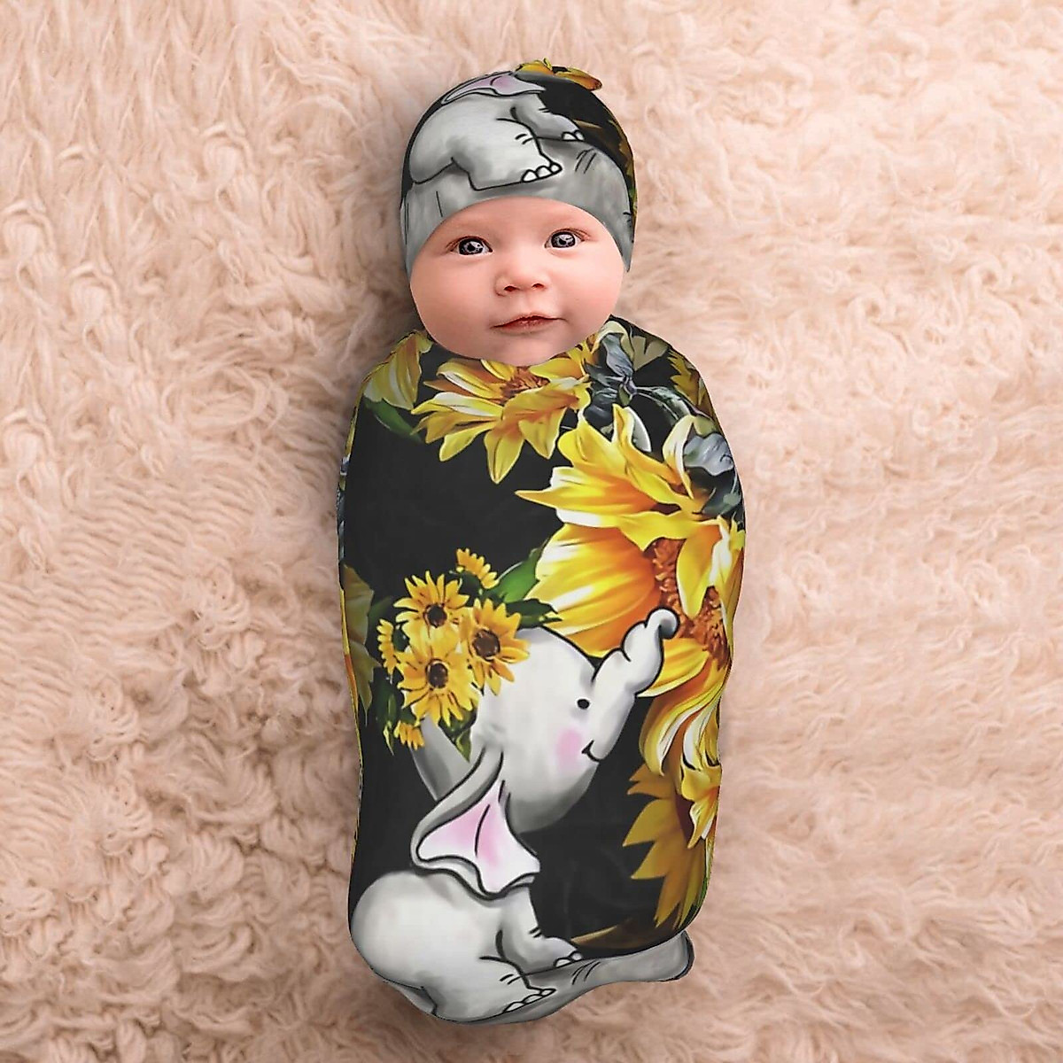 PNNUO Swaddles Blankets Elephant Baby Sunflower Nursery Swaddle Wrap Cartoon Animal Flowers Newborn Swaddling Sleep Sack Hat Set for Girls Boys Infant