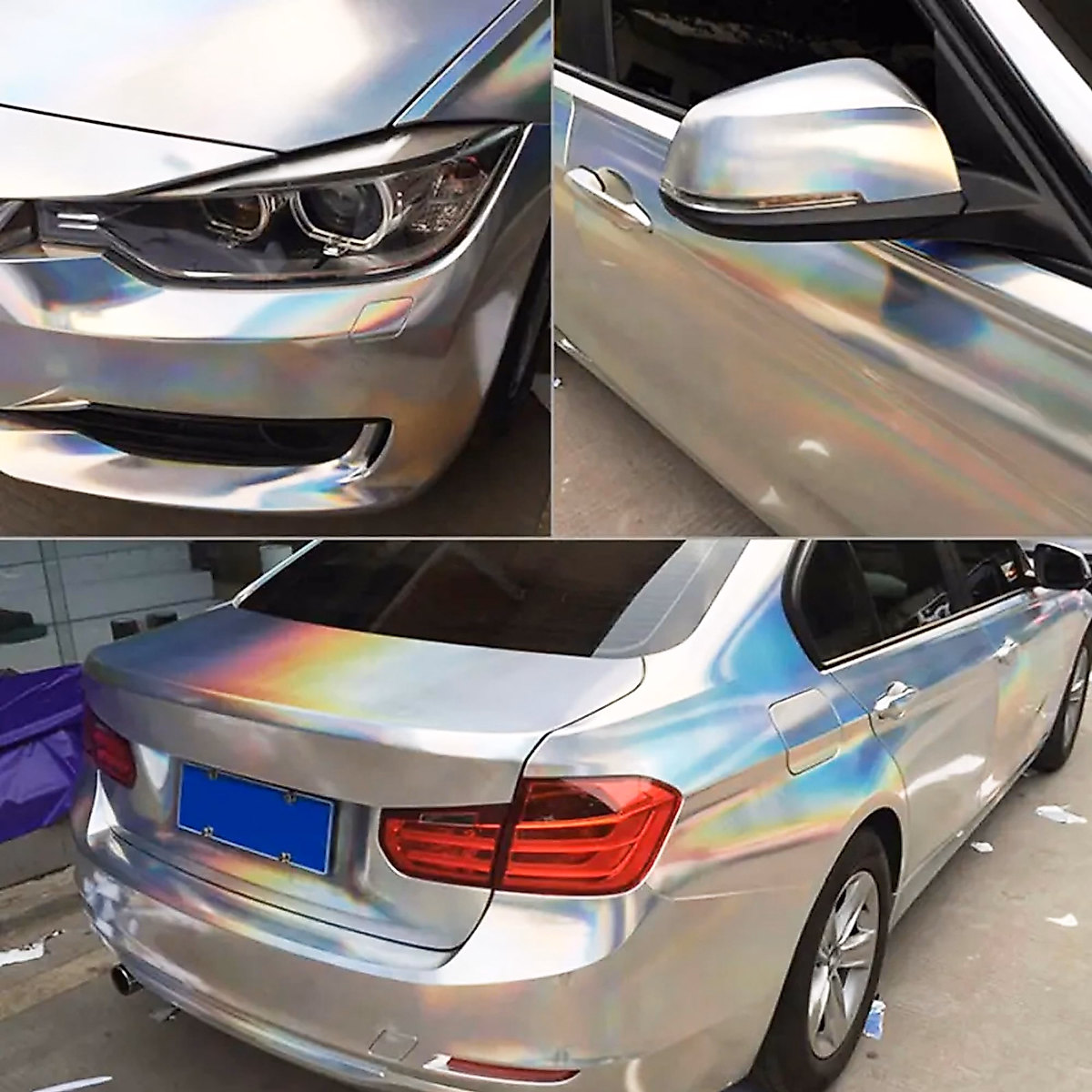 Lypumso Holographic Laser Silver Vinyl Wrap, Chrome Metallic Car Wrap Vinyl Self Adhesive Decal Sticker Air Release Stretchable Glossy Film Vinyl Sheet for Cars Motorcycles Exterior Interior 1ft x 5ft