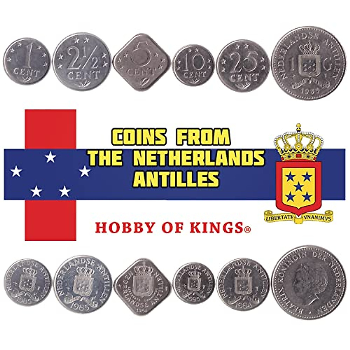 6 Coins from Netherlands Antilles | Netherlands Antillean Coin Set Collection 1 2½ 5 10 25 Cents 1 Gulden | Circulated 1980-1985 | Beatrix