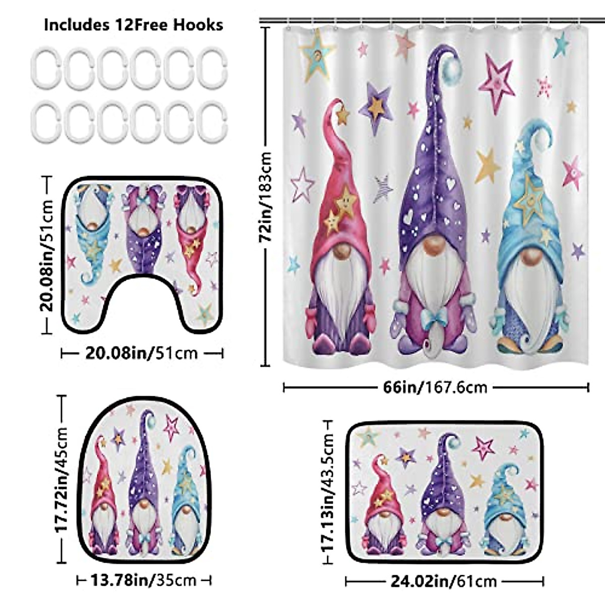 4PCS Magic Gnomes with Stars Shower Curtain Set with Non-Slip Rugs, Toilet Lid Cover and Bath U-Shaped Mat, Bathroom Decor Set Accessories Waterproof Shower Curtain Sets with 12 Hooks