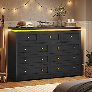 AOGLLATI Tall Dresser for Bedroom with 9 Drawers,55.1” Long Black Dresser with Led Lights, Modern Chest of Drawers, Led Wide Bedroom Dresser with Top Floating Design for Bedroom Hallway,Black