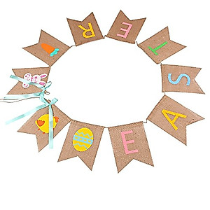 GOER Natural Burlap Banner for Easter Decorations,Easter Eggs Bunny Carrot and Chick Pattern Bunting Banner