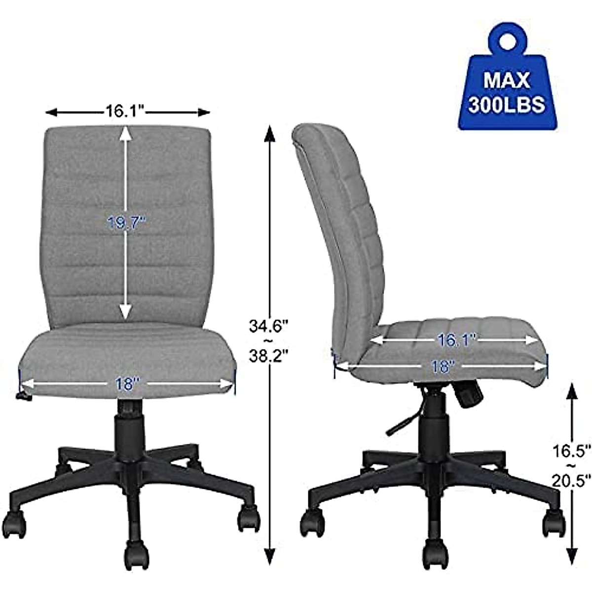 Ergonomic Home Office Desk Chair – Computer Mesh Adjustable Task Swivel Tilt Tension Armless Cushion Mid-Fiber Mesh Lumbar Support (Light Grey)
