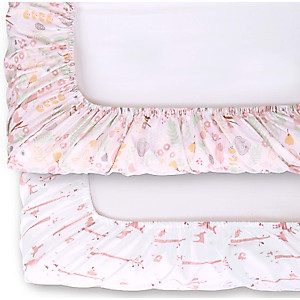 The Peanutshell Crib Sheet Set for Baby Girls | Pink Floral and Woodland Animals | 2 Pack Set