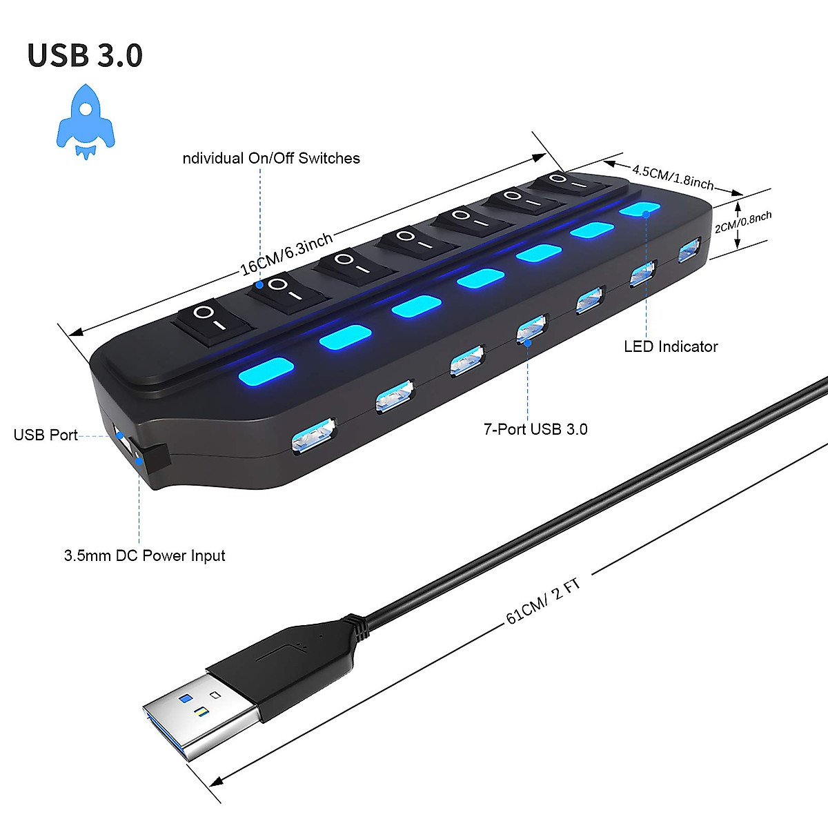 USB Hub 3.0 Splitter,7 Port USB Data Hub with Individual On/Off Switches and Lights for Laptop, PC, Computer, Mobile HDD, Flash Drive and More