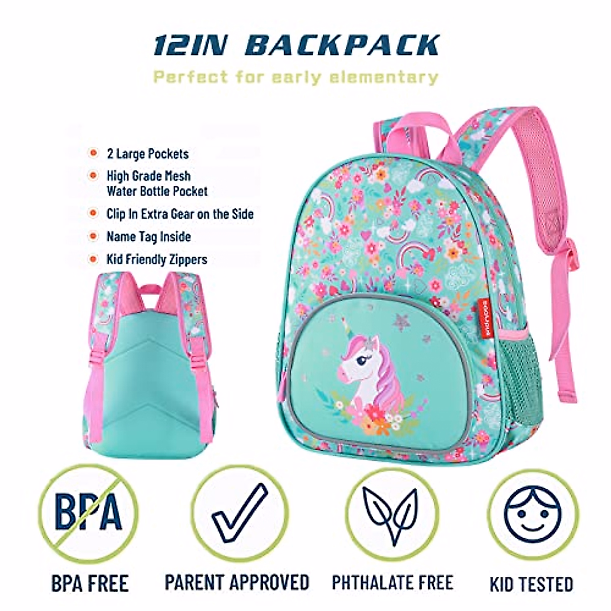Daaupus 12-Inch Preschool Backpack for Girls, Kids Backpack for Boys & Girls, Perfect for Daycare and Preschool, Age 2-5 Years