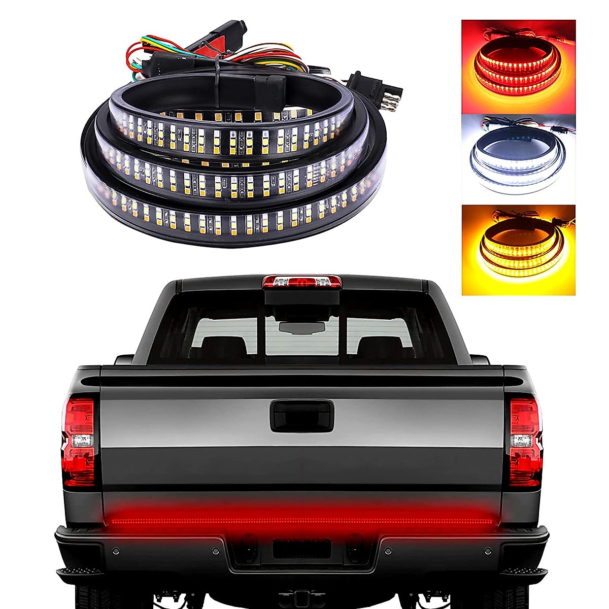 Kewucn Tailgate Light Bar 48" LED, IP65 Triple Row LED Strip with Red Running Brake White Reverse Red Turning Signals Lights, Universal Rear Light Bar for Pickup Trailer SUV RV Van (White&Yellow&Red)