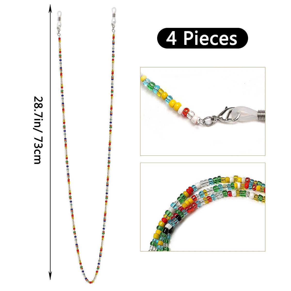 BILIONE 4 PCS Acrylic Beaded Eyeglass Chains for Women Girls, Glasss Holder Strap, Premium Eye glasses Hanger Keeper Around Neck, Fashion Eyewear Accessory, Face Mask Chain Lanyard