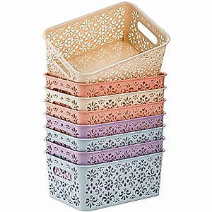 Frcctre 8 Pack Plastic Storage Baskets with Handle, Portable Hollow Desktop Storage Baskets, Stackable Organize Bins for Home, Bathroom, Classrooms, Office, School, Flower Pattern