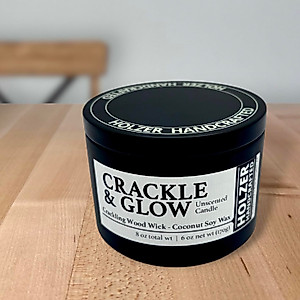 Unscented Crackling Wood Wick Candle | 45 Hour Burn | Handpoured Premium Coconut Soy Blend | Holzer Handcrafted USA | Luxury (Crackle & Glow, 1 Candle - 6oz)