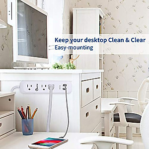 USB Power Strip Surge Protector Long Extension Cord 6 feet, 3 Outlets, 2 USB Ports (2.4A/12W), Overload Protection, Mountable Power Strip for Home Office, 1250W/10A, SGS Listed, White