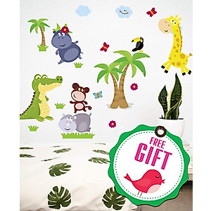 Animal Safari Jungle Vinyl Wall Decal for Kids Bedroom playroom - Decorative Art Stickers for Baby Girl Boy Wall Decor - Nursery Wall Stickers [24 Art clings] - Wall Decals for Boy - with Gift!