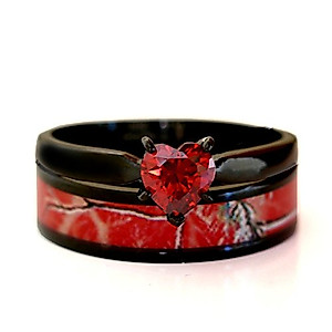 3 pc His & Hers Heart Red Camo Black Stainless Steel and Titanium Engagement Wedding Rings Set (Size His 09, Hers 06)