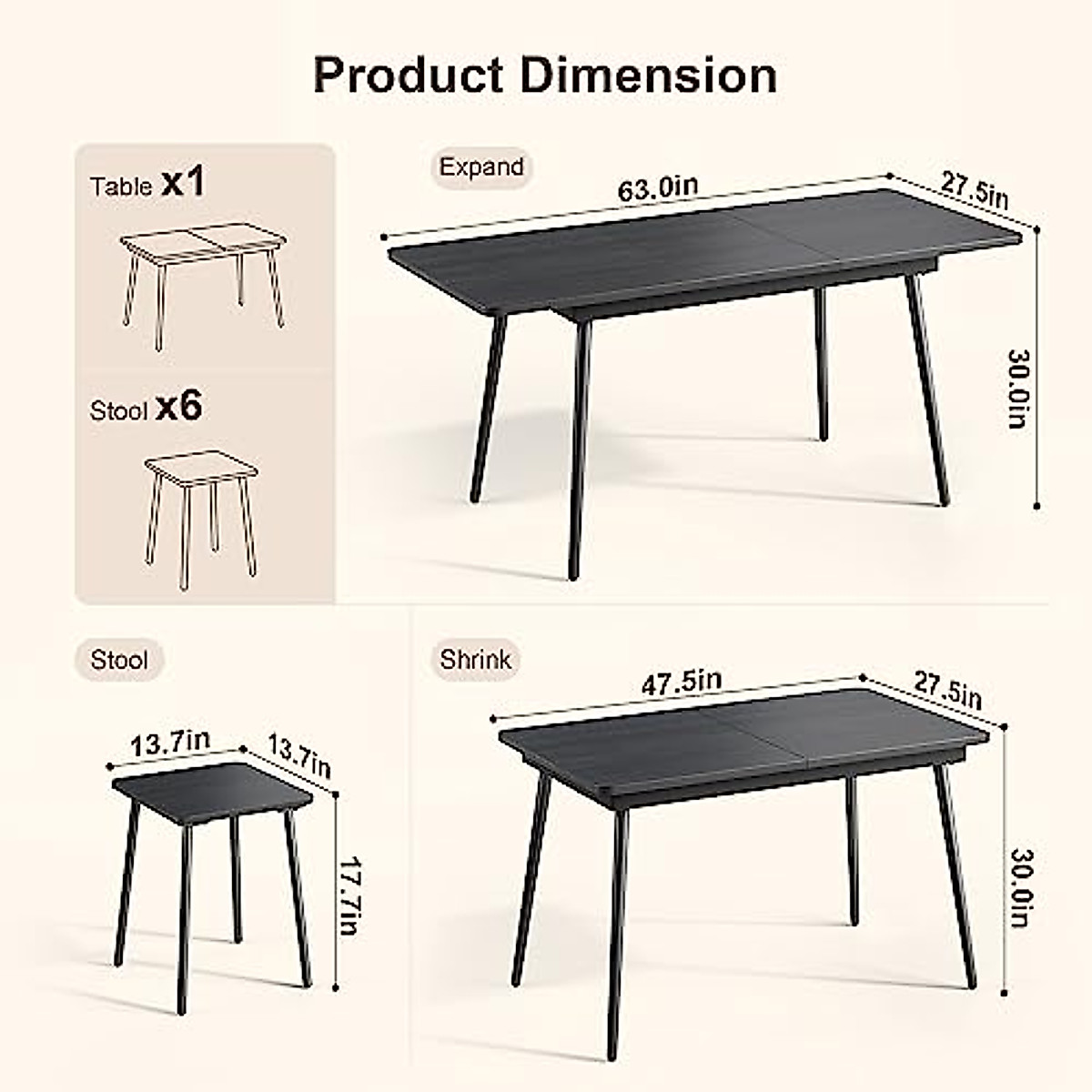 Qsun 7-Piece 63" Large Dining Table Set for 4-6 People, Extendable Kitchen Table Set with 6 Chairs, Dining Room Table with Round Corner for Small Space, Children Protective Design, Black
