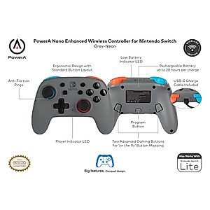 PowerA Nano Enhanced Wireless Controller for Nintendo Switch - Grey-Neon, Works with Nintendo Switch Lite, Bluetooth Controller, Gamepad, Compact, Smaller, Rechargeable, Portable - Nintendo Switch