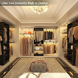 Armocity 96'' Closet System, 8FT Walk In Closet Organizer with 3 Shelving Towers, Heavy Duty Bedroom Wardrobe with 5 Shelves, Wall Mounted Clothes Rack (Can Be Cut To Fit), 96"L x 16"W x 75"H, Black