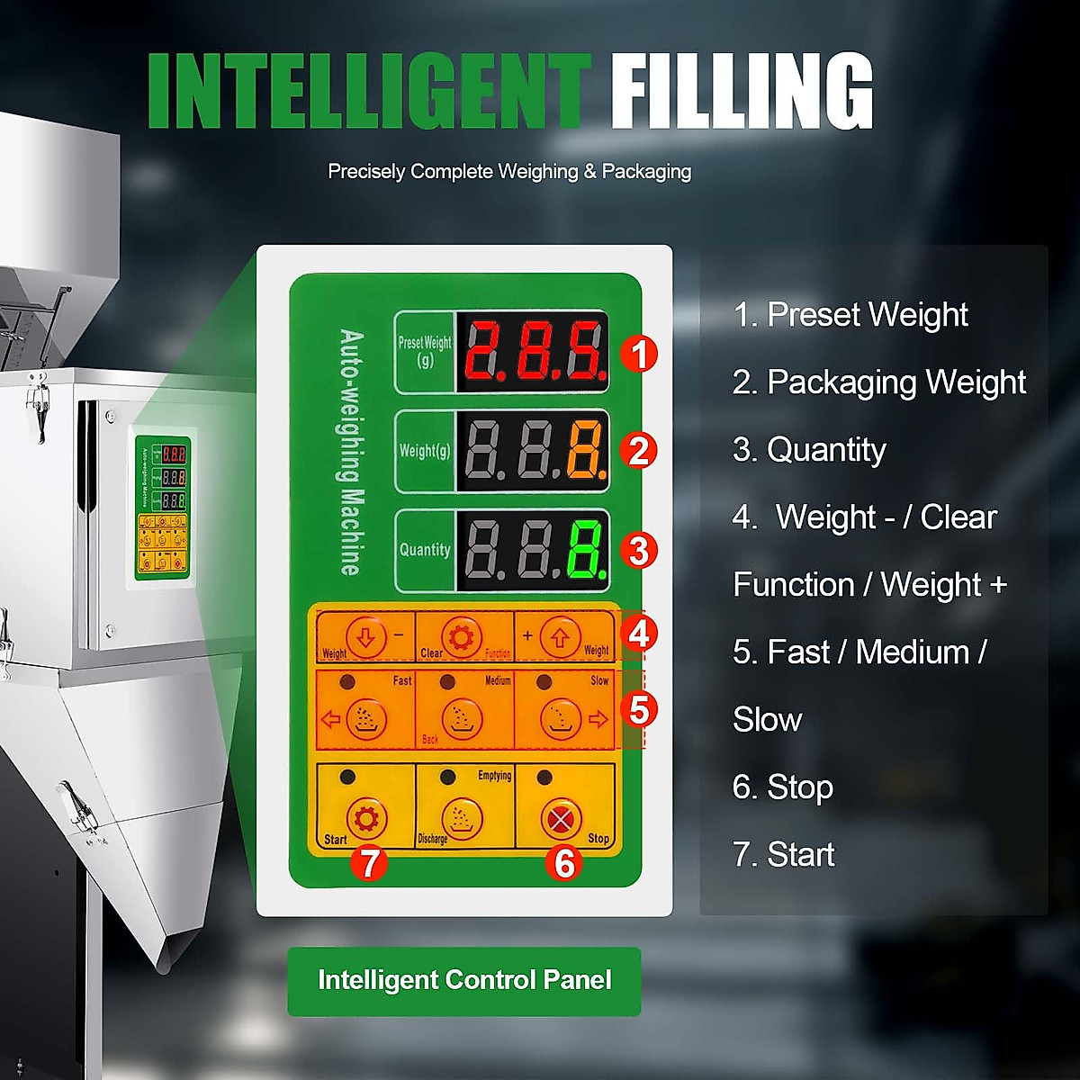 JAYGOVAN 10-999g Particle Filling Machine Automatic Filler Machine Stainless Steel Weighing Filling Machine with Foot Pedal 8 Speed Adjustable Powder Filler Particle Dispenser for Tea Seeds Grains