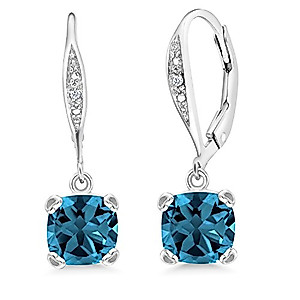 Gem Stone King 925 Sterling Silver London Blue Topaz and White Diamond Earrings For Women (3.71 Cttw, Gemstone November Birthstone, Cushion 7MM)