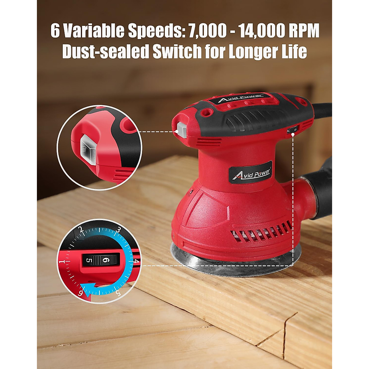 AVID POWER Orbital Sander 3.0 Amp 5 Inch Electric Sander Tool 6 Variable Speeds Random Orbit Sander for Woodworking, 7000-14000 RPM, 12 Pcs Sandpapers