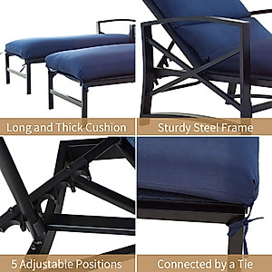 PatioFestival Patio Chaise Lounge Set of 4 Outdoor Adjustable Back Cushioned Chairs All Weather Steel Frame Lounger with Blue Pillow