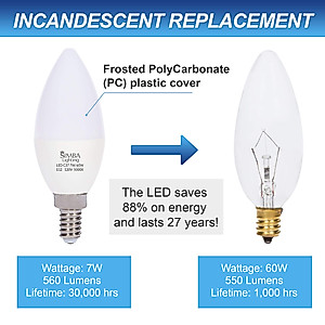 Simba Lighting LED Candelabra Light Bulbs B11 (C37) Candle Shape E12 Base (6 Pack) | Decorative 7W 60W Replacement 110V, 120V for Chandelier, Ceiling Fan, PC Cover, Non-Dimmable, Daylight 5000K