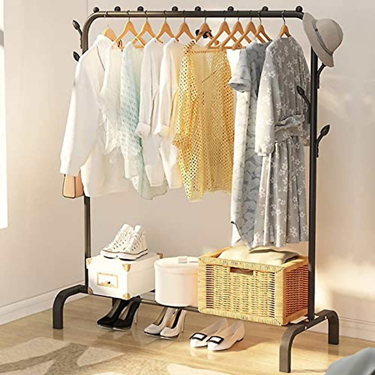 Iron Clothing Rack with Good Load-bearing, Garment Rack with Bottom Shelves, Sturdy Coat Rack for Hanging and Drying Clothes, Shirts and Blanket, 59.06" x 43.31" x 16.93" (Black)