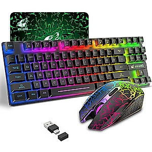 Wireless Gaming Keyboard and Mouse Combo with 87 Key Rainbow LED Backlight Rechargeable 3800mAh Battery Mechanical Feel Anti-ghosting Ergonomic Waterproof RGB Mute Mice for Computer PC Gamer (Black)