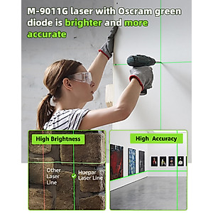 HUEPAR Laser Level Self-Leveling - 100 feet DIY Bright Green Cross Line Laser Leveler for Picture Hanging, Tile, Decoratio and Construction Indoor Project, 360° Magnetic Base & Battery Included