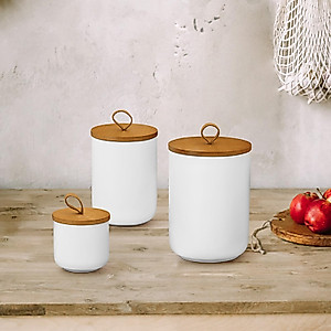 Jueison Ceramic Storage Jars, Modern Elegant Polished Airtight Gorgeous Storage Canisters with Wooden Lid Small Food Stroage Jar for Kitchen Spice Tea Vanilla Sugar Coffee Beans (3Pcs Suit White)
