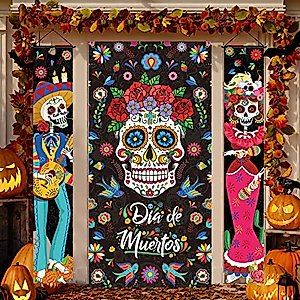 3 Pieces Day of the Dead Porch Sign, Mexican Dia De Los Muertos Party Door Decorations, Day of the Dead Sugar Skull Door Banner for Halloween Home Bathtub Birthday Fiesta Party, 11.8 x 70.9 Inches