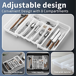 TAELXIID Silverware Drawer Organizer, Expandable Utensil Tray for Kitchen, BPA Free Flatware and Cutlery Holder, Adjustable Plastic Storage for Spoons Forks Knives, Large, Clear